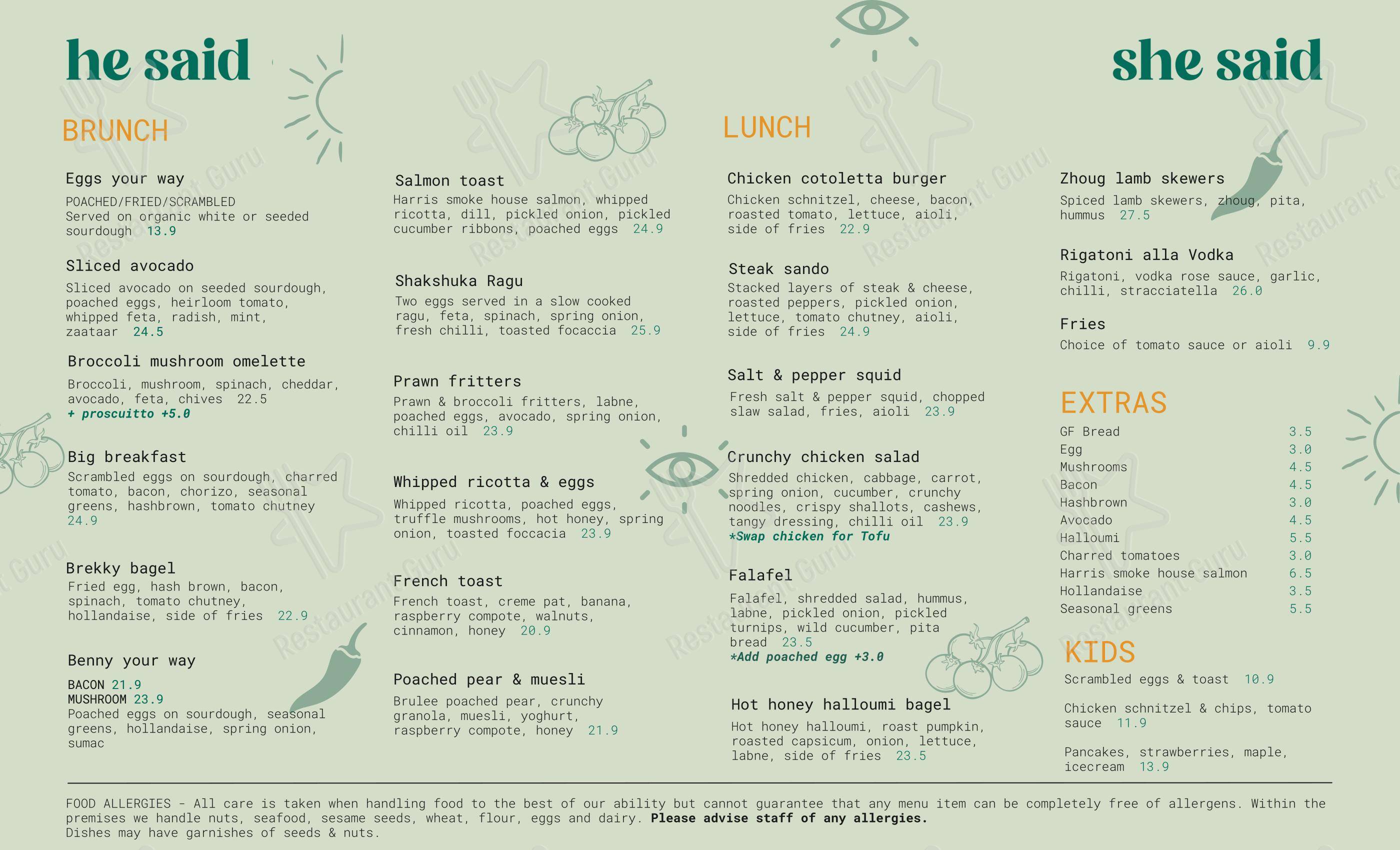 Menu at He Said She Said cafe, Hyde Park