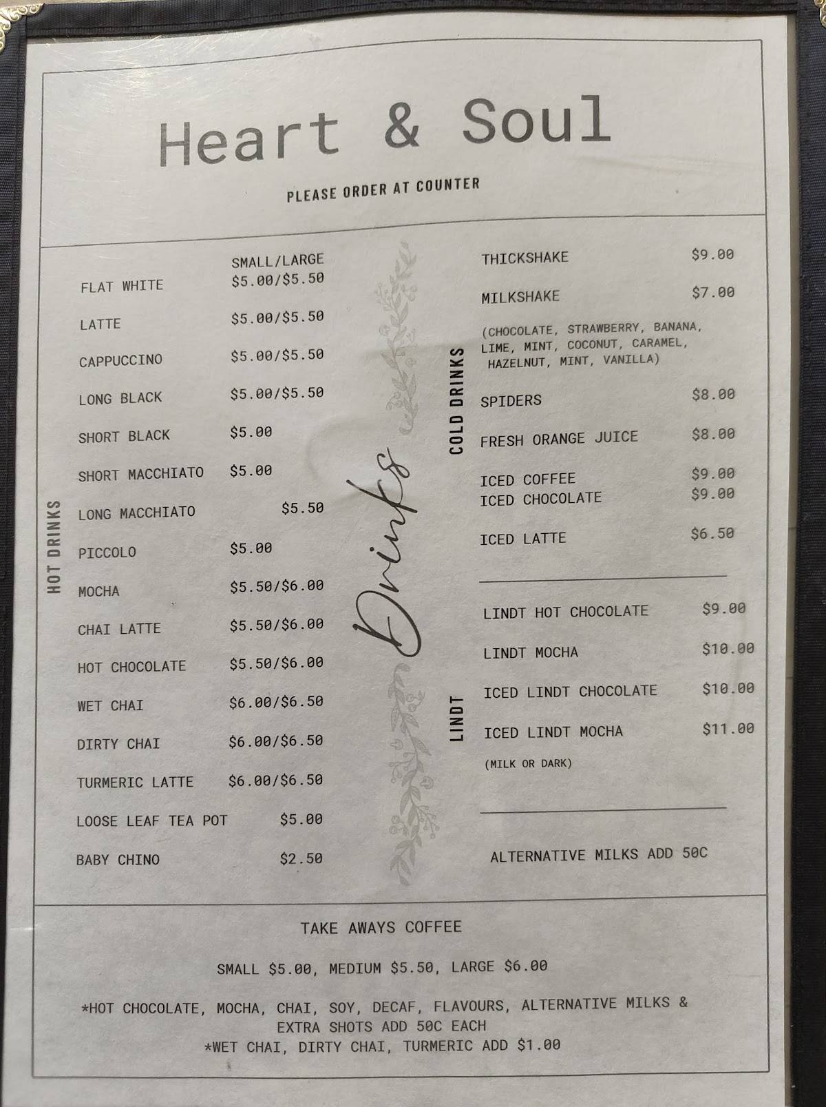 Menu at Heart & Soul Coffee Lounge cafe, Mount Evelyn