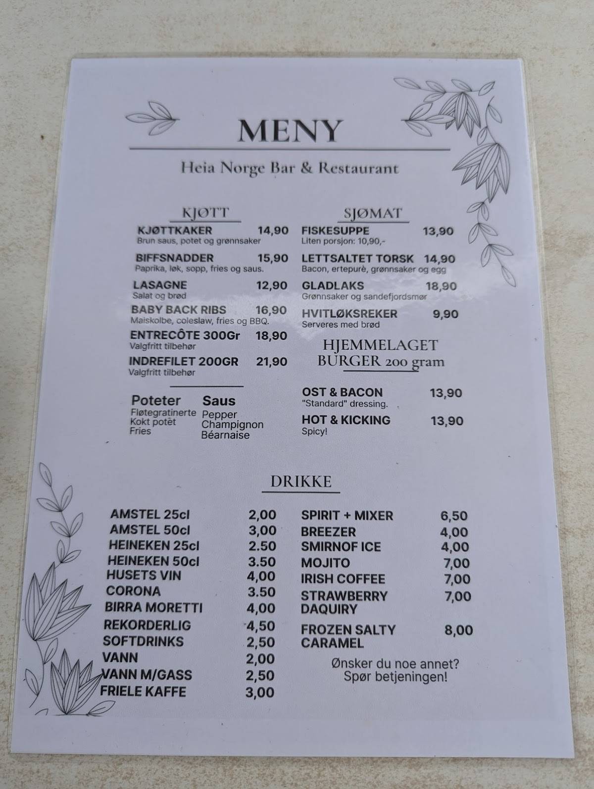 Menu at Heia Norge Bar & Restaurant, Puerto Rico de Gran Canaria
