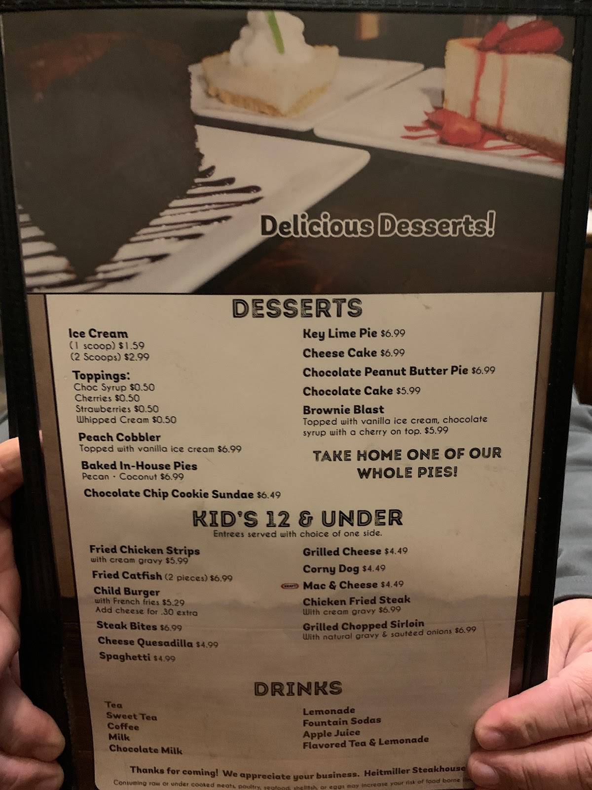 Menu at Heitmiller Steakhouse, Lacy Lakeview, I 35 N Frontage Rd