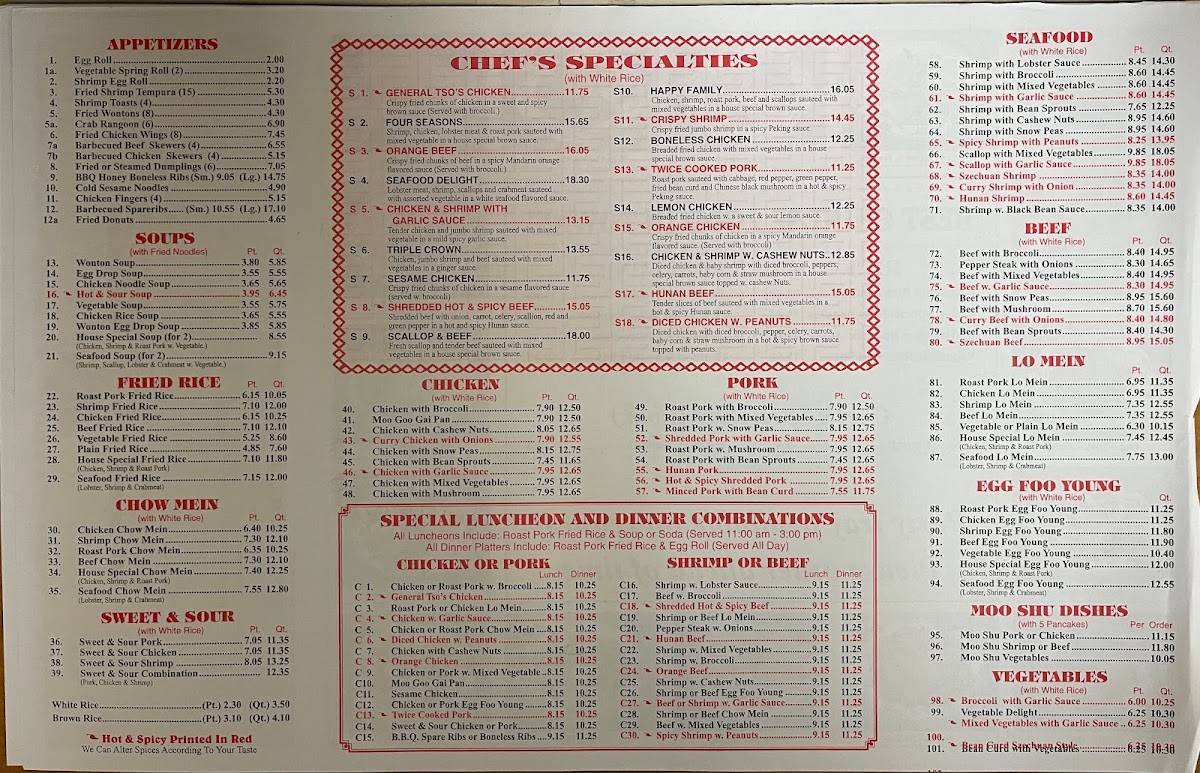 Menu at China Moon restaurant, Hellertown