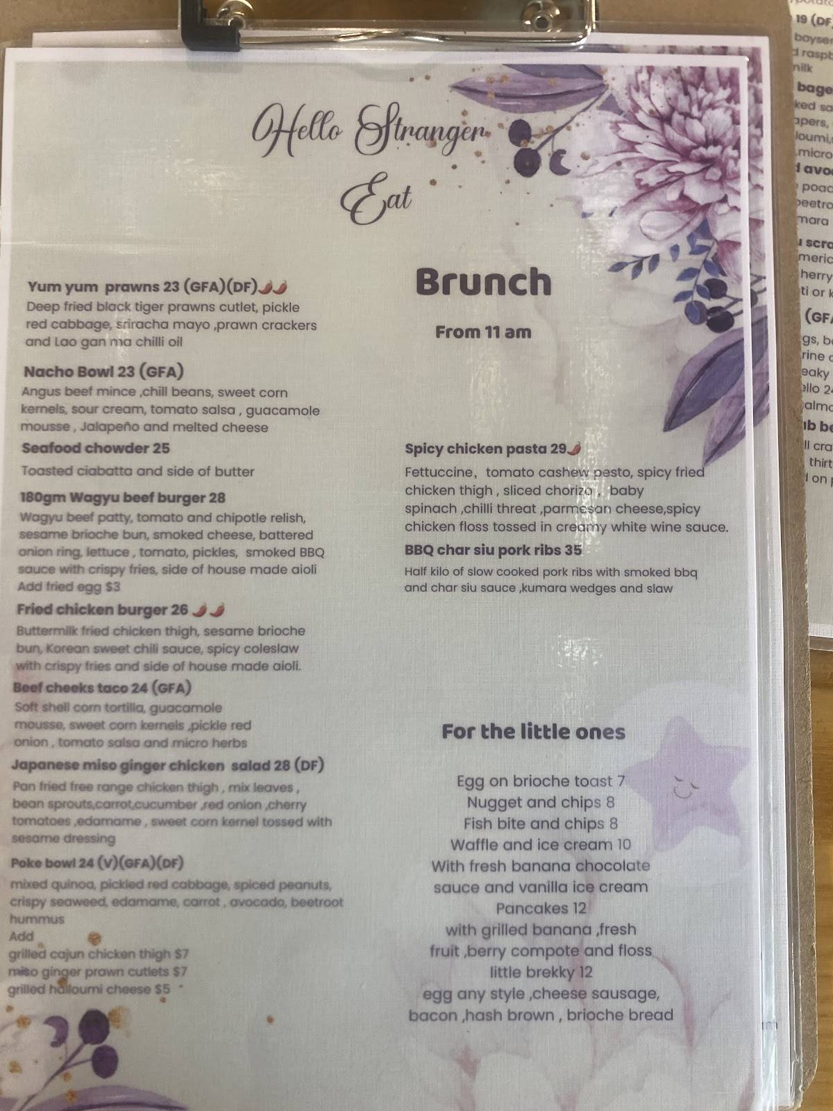 Menu at Hello Stranger cafe, Auckland