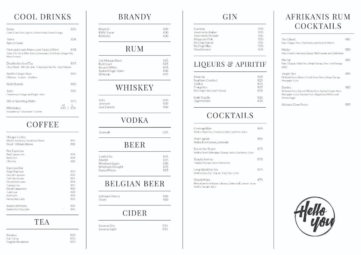 Menu at Hello You Restaurant, Graaff-Reinet