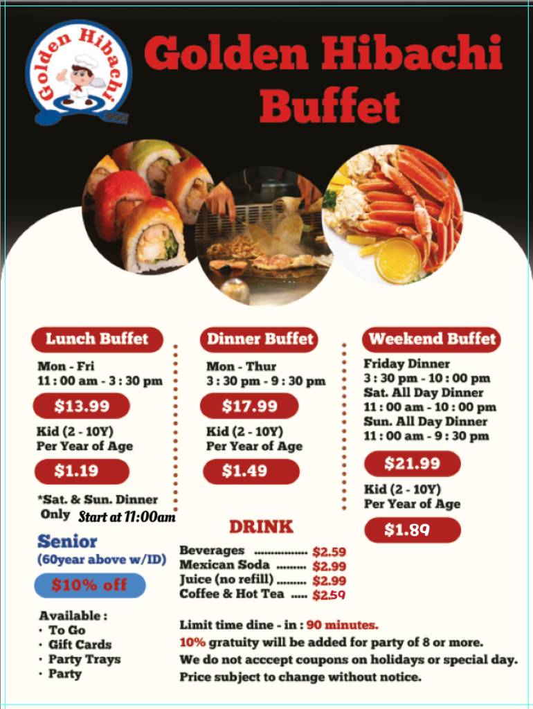 Menu at GOLDEN HIBACHI BUFFET restaurant, Hemet