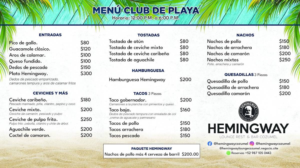 Menu at Hemingway Restaurant Beach & Nightclub Cozumel, San Miguel de ...