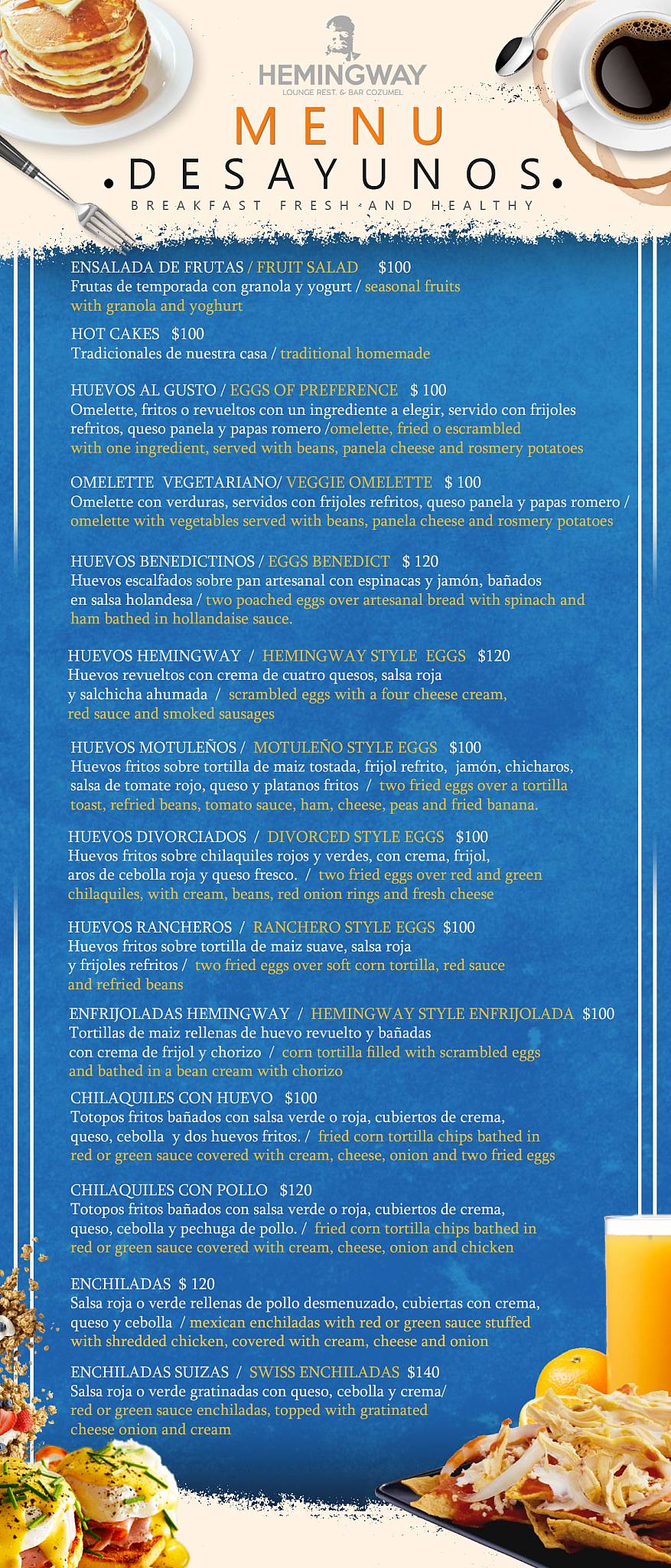Menu at Hemingway Restaurant Beach & Nightclub Cozumel, San Miguel de ...