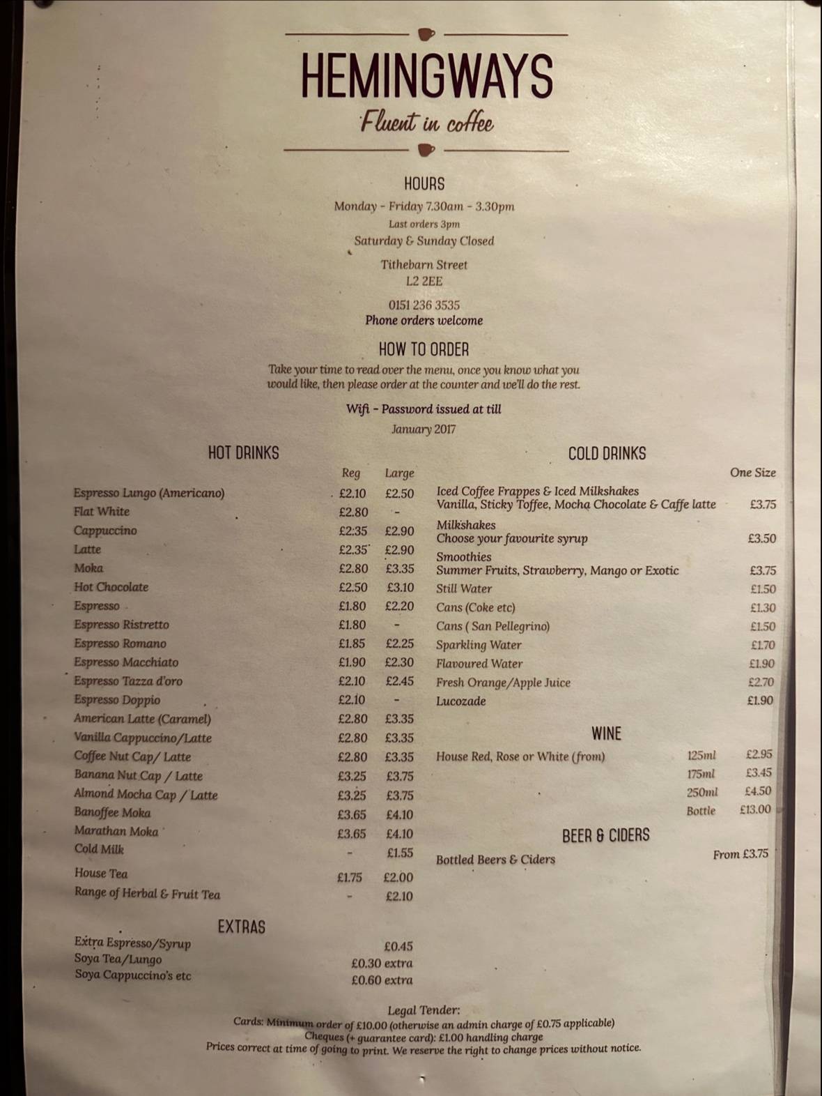 Menu at Hemingways Bar & Coffee House, Liverpool