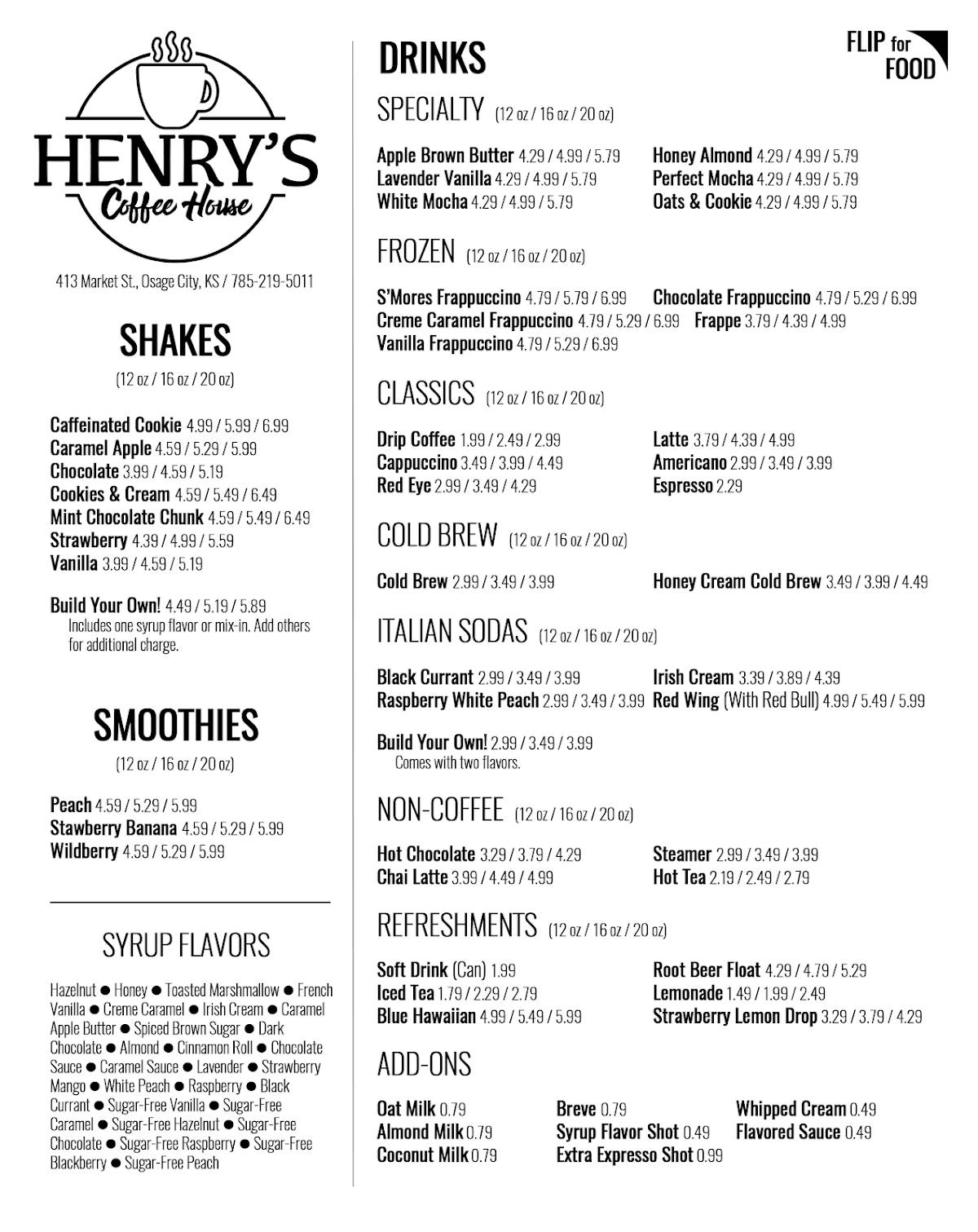 Carta de Henry's Coffee House, Osage City
