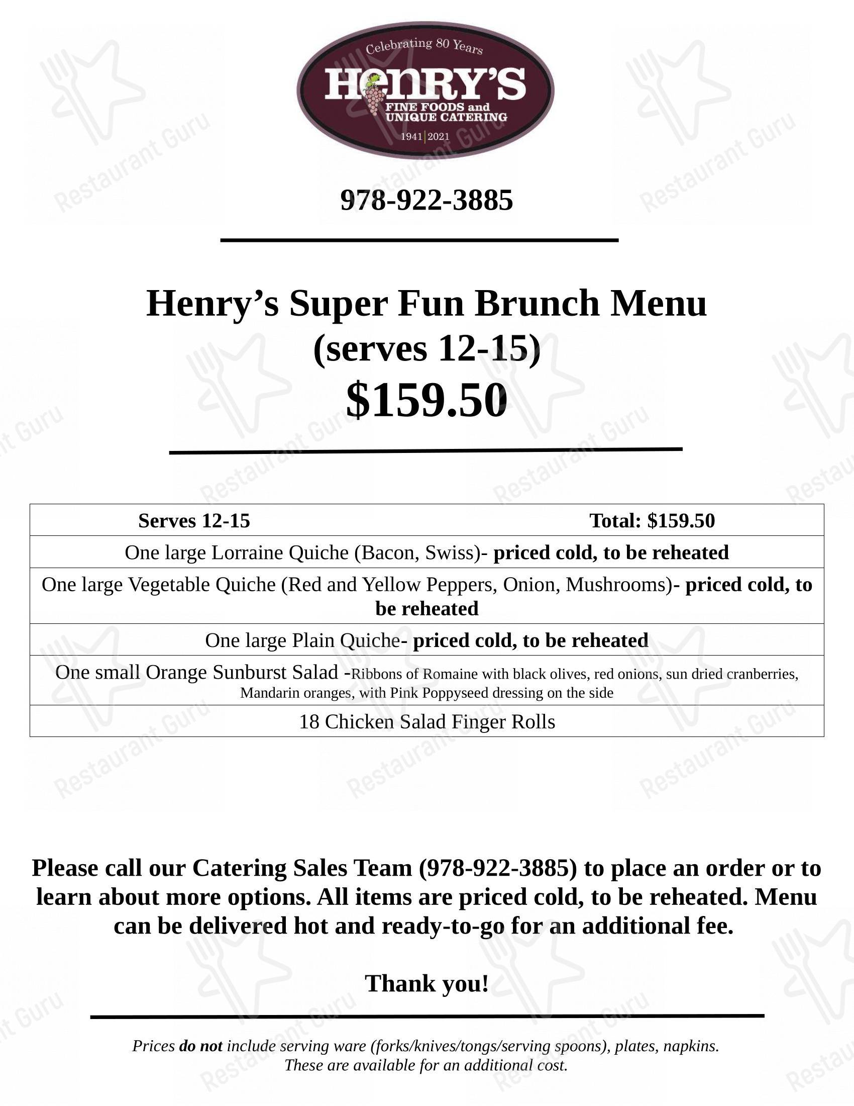 Menu at Henry's Market restaurant, Beverly