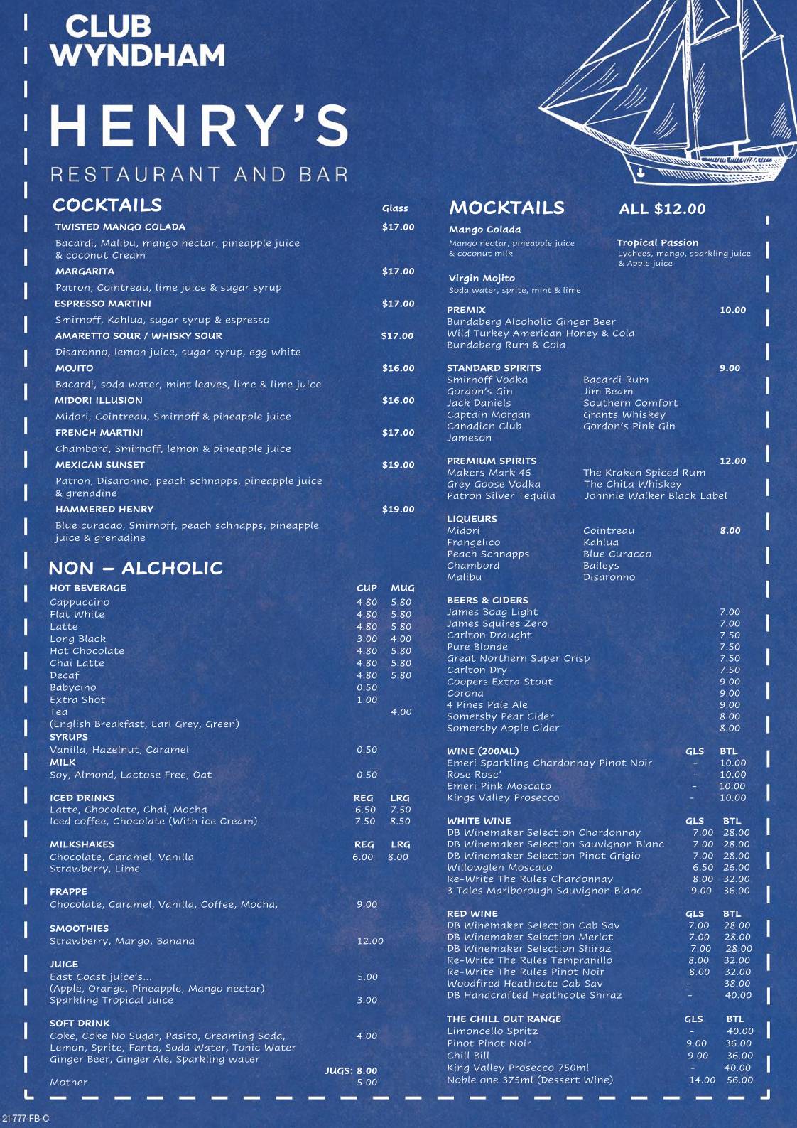 Menu at Henry's Restaurant and Bar, Port Macquarie