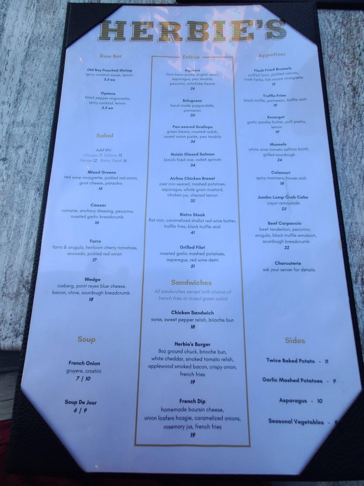 Carta del pub y bar Herbie's, Clayton, Maryland Ave