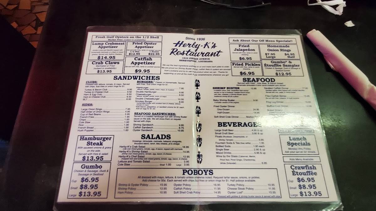 Menu at Herby-K's restaurant, Shreveport
