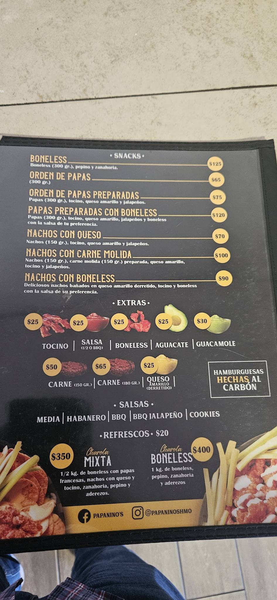 Carta del restaurante Papanino's Hamburguesas al carbon, Hermosillo