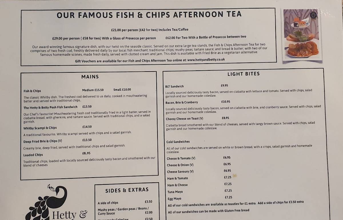 Menu at Hetty and Betty cafe, Whitby