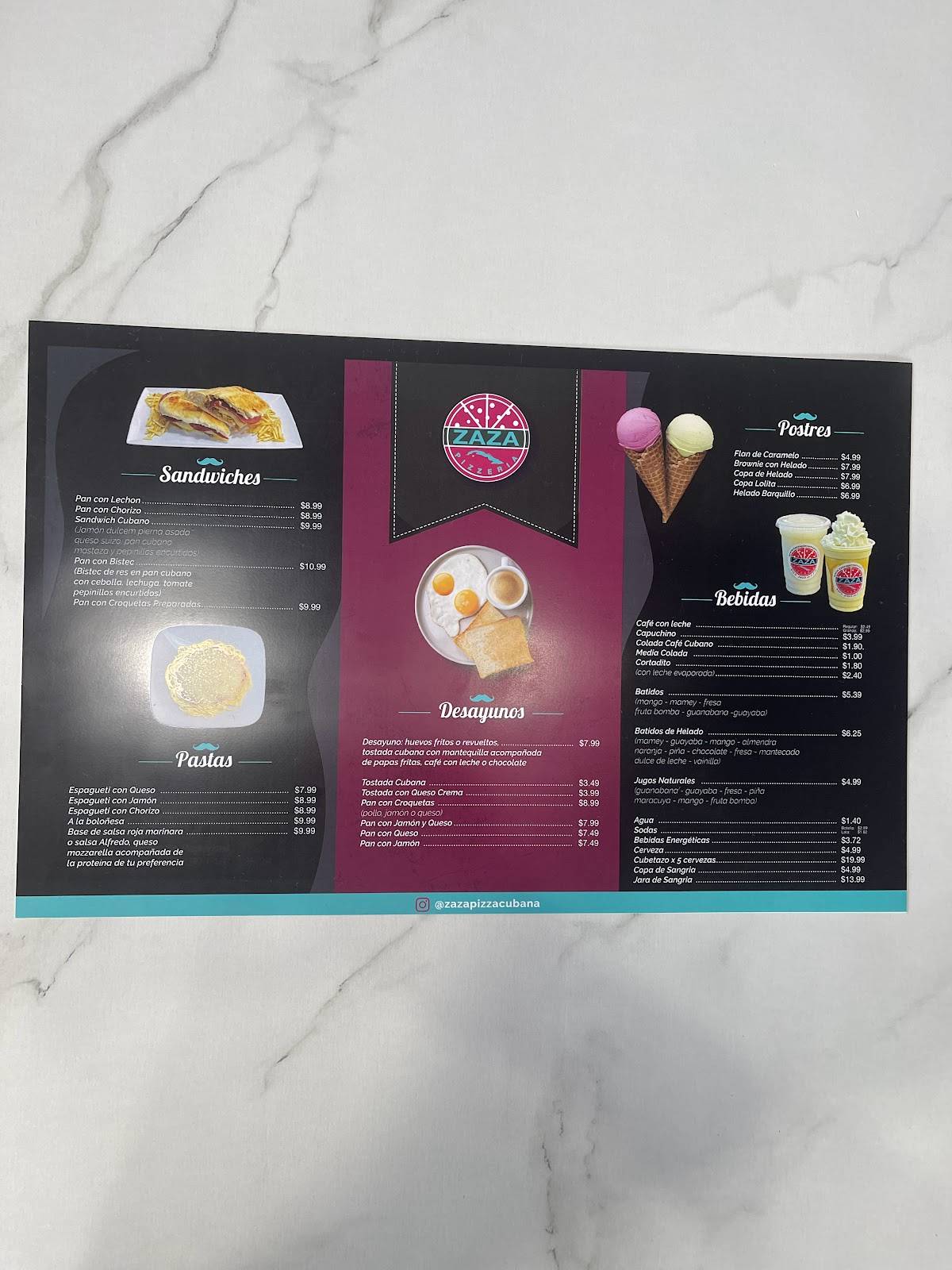 Menu at Zaza Pizza restaurant, Hialeah