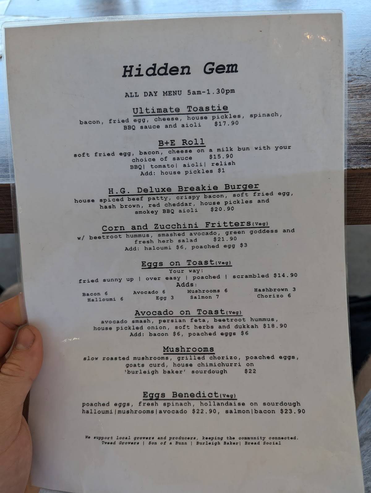 Carta del café Hidden Gem Coffee, Tugun
