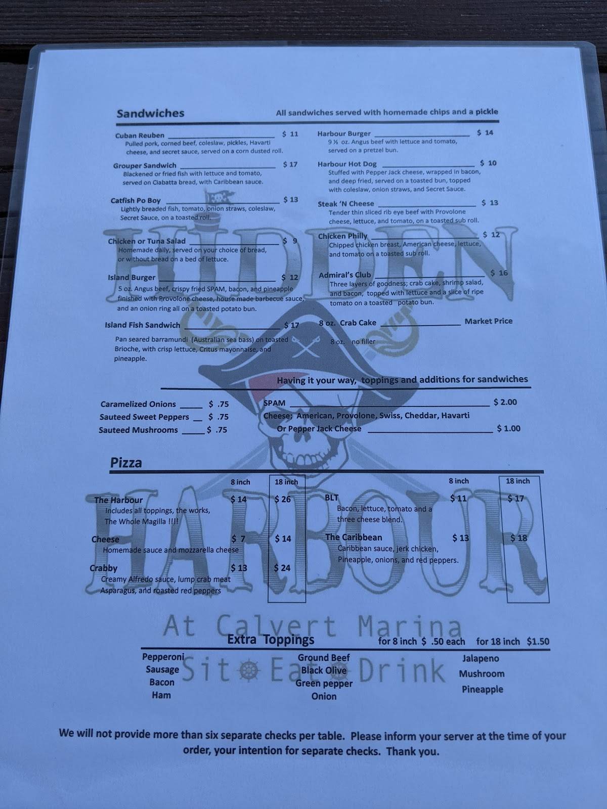 Menu at Hidden Harbour restaurant, Solomons