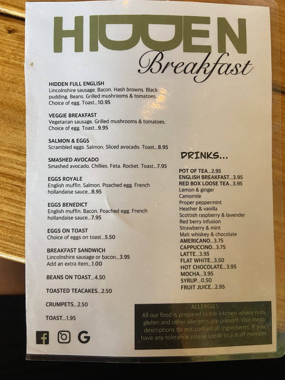 Menu at Hidden on the harbour cafe, Seaham