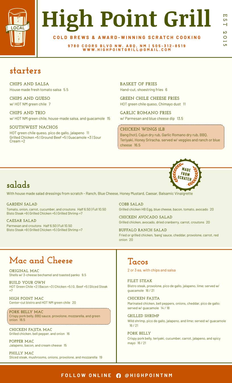 Menu at High Point Grill pub & bar, Albuquerque, Coors Blvd NW STE A