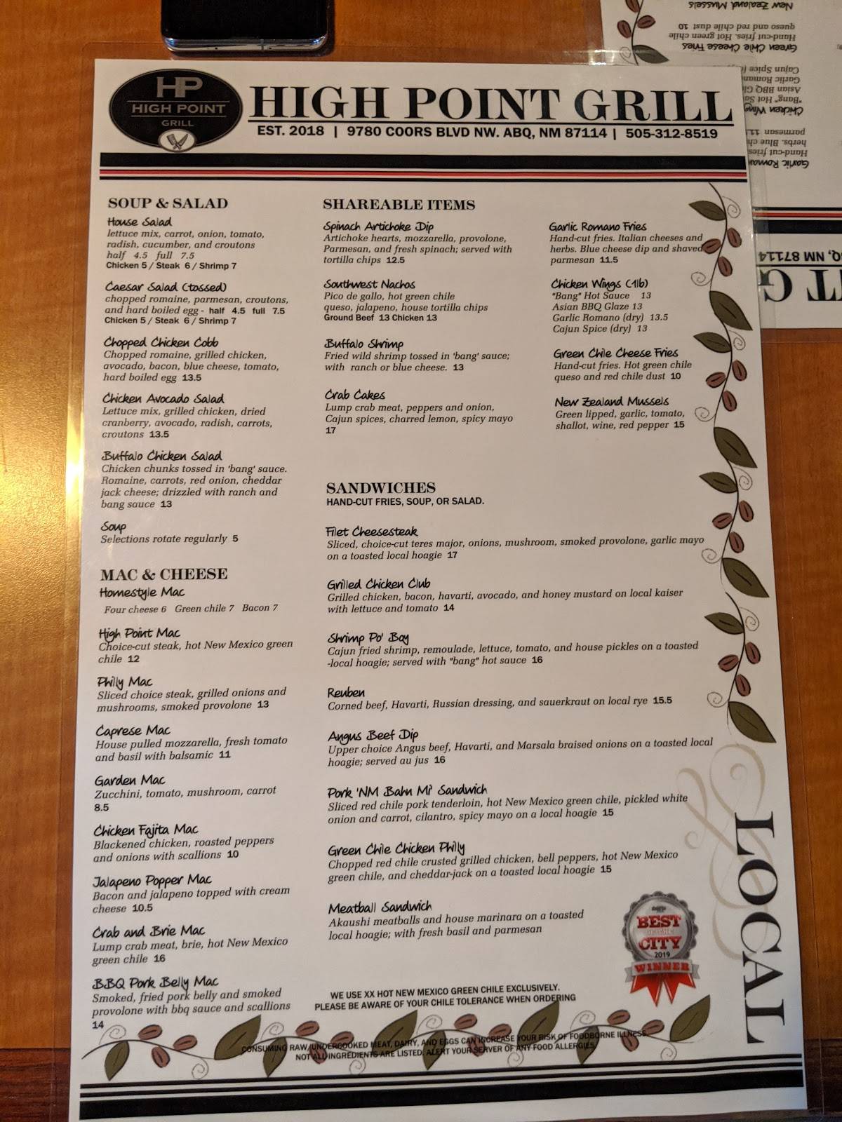 Menu at High Point Grill pub & bar, Albuquerque, Coors Blvd NW STE A