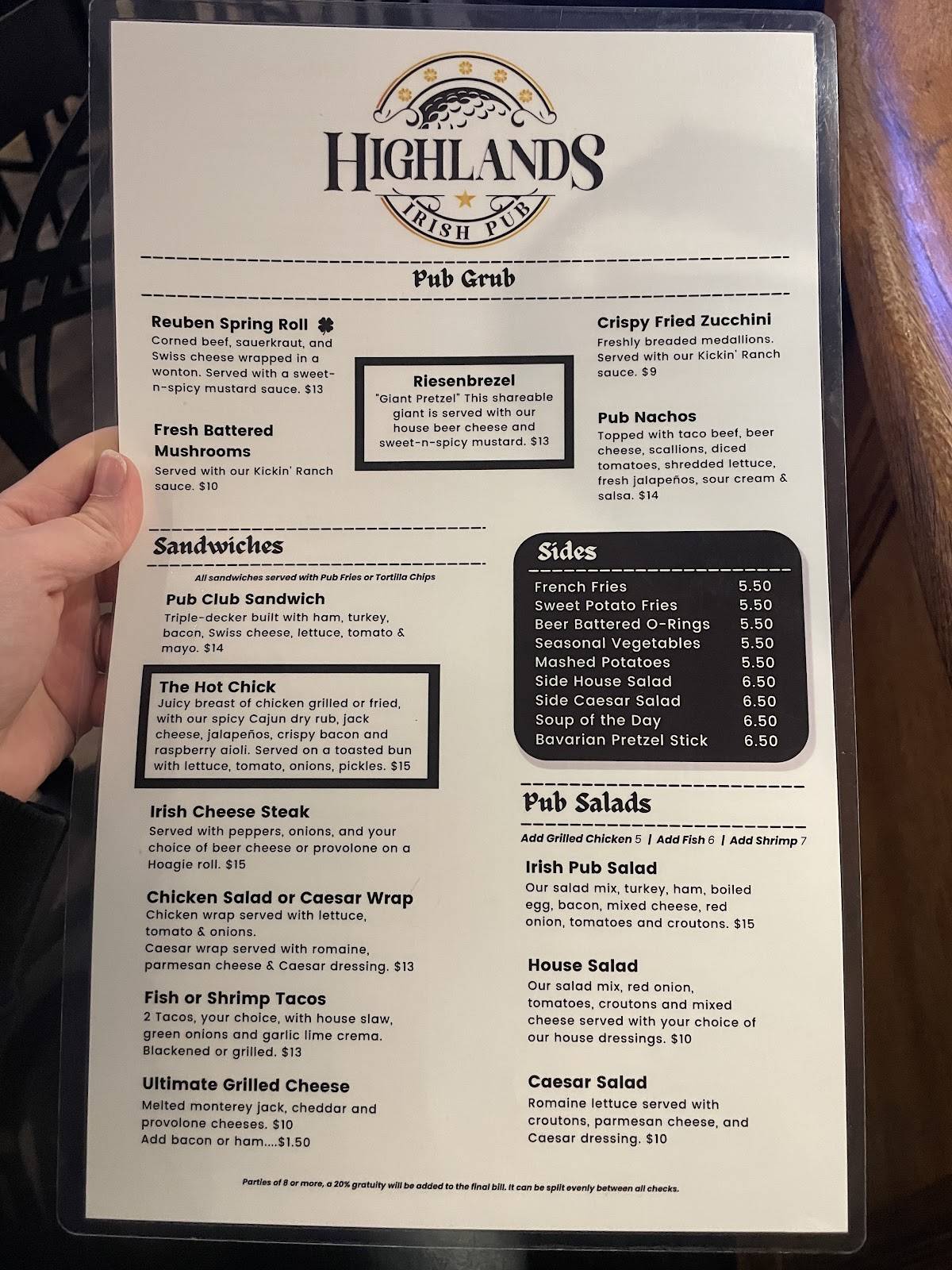 Menu at Highlands Irish Pub, Sebring