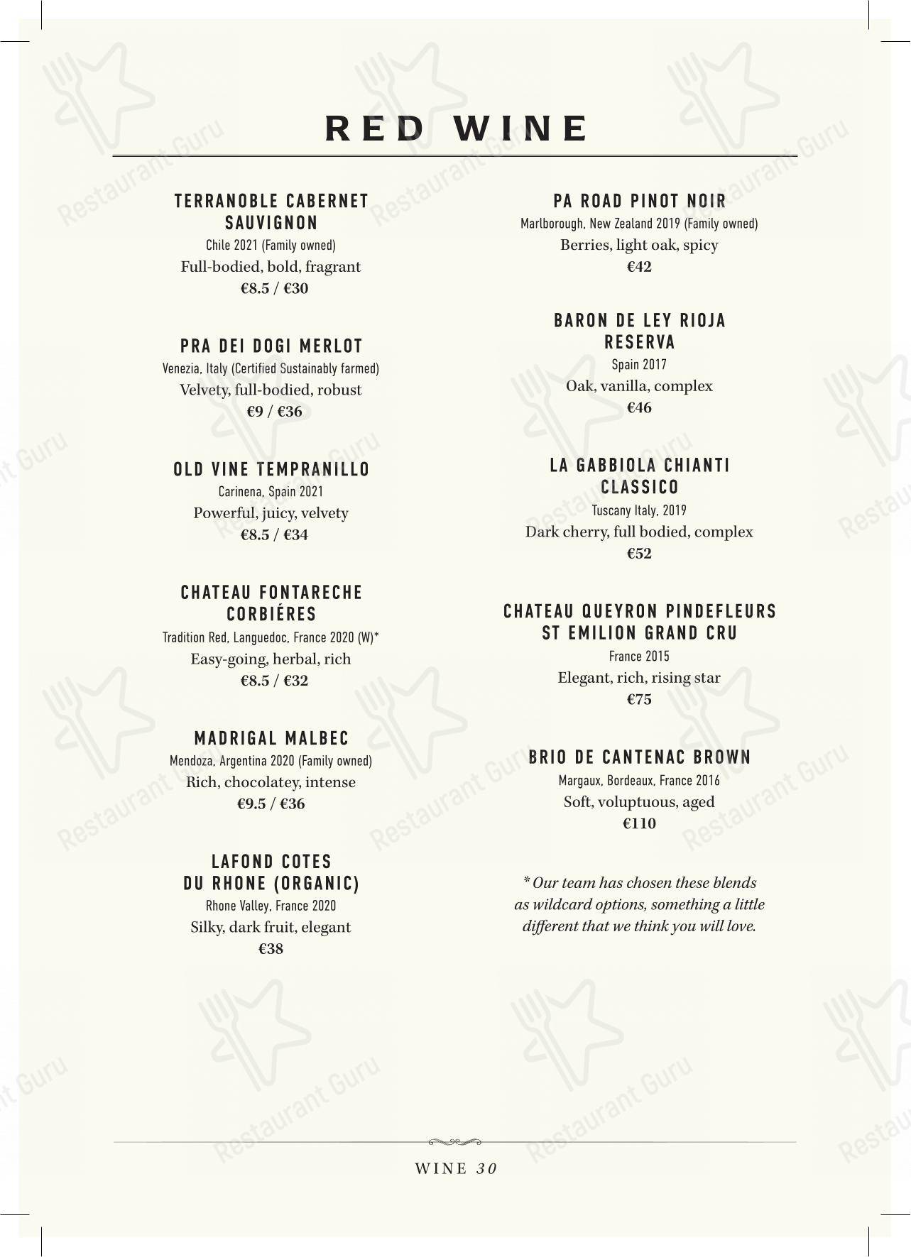 Menu at Hilliard's Killarney restaurant, Killarney