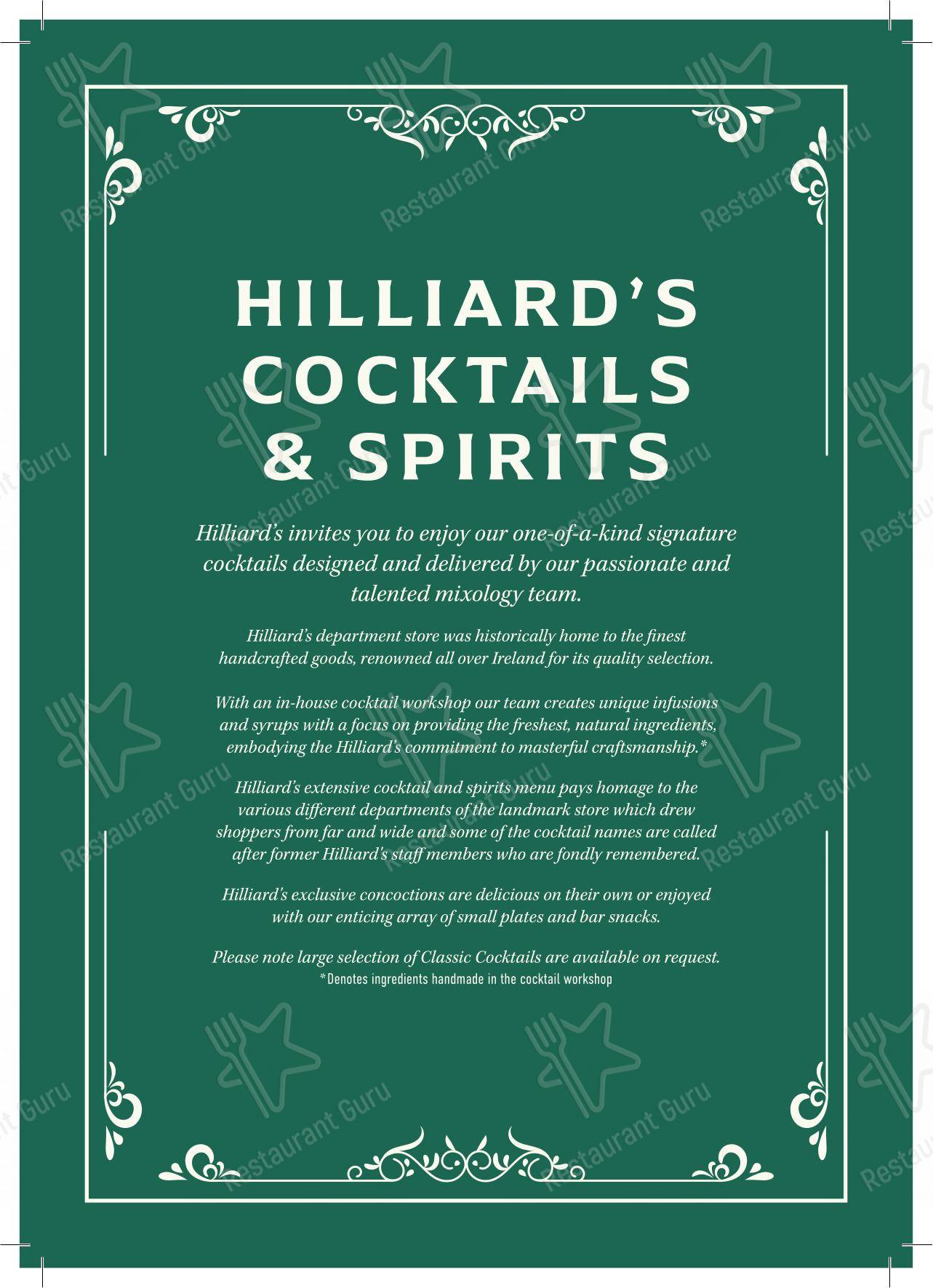 Menu at Hilliard's Killarney restaurant, Killarney