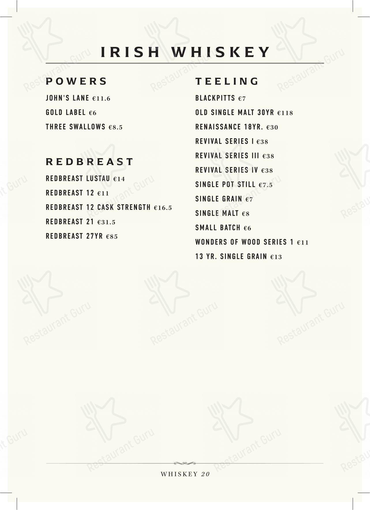 Menu at Hilliard's Killarney restaurant, Killarney