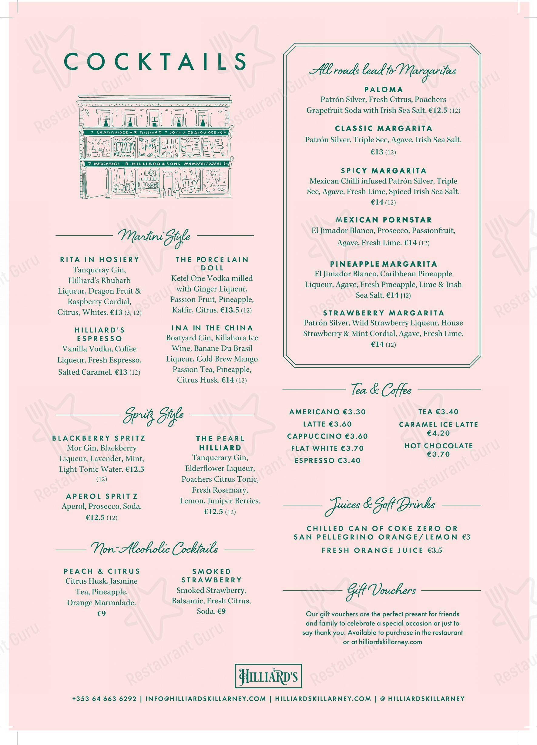 Menu at Hilliard's Killarney restaurant, Killarney