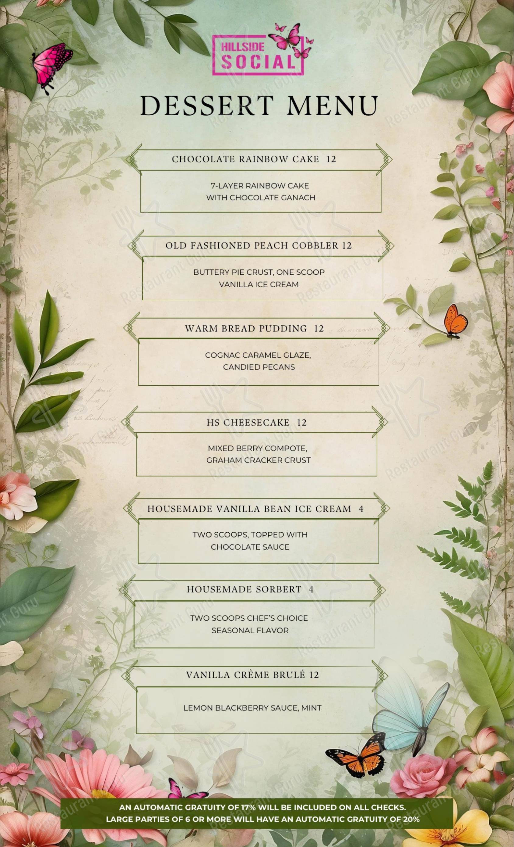 Menu at Hillside Social steakhouse, Cedar Hill