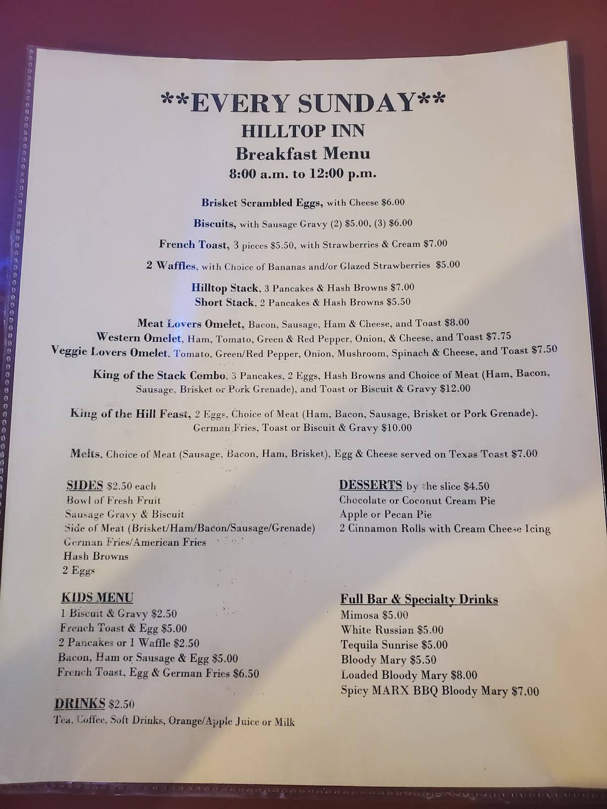 Menu at Hilltop Inn pub & bar, Evansville