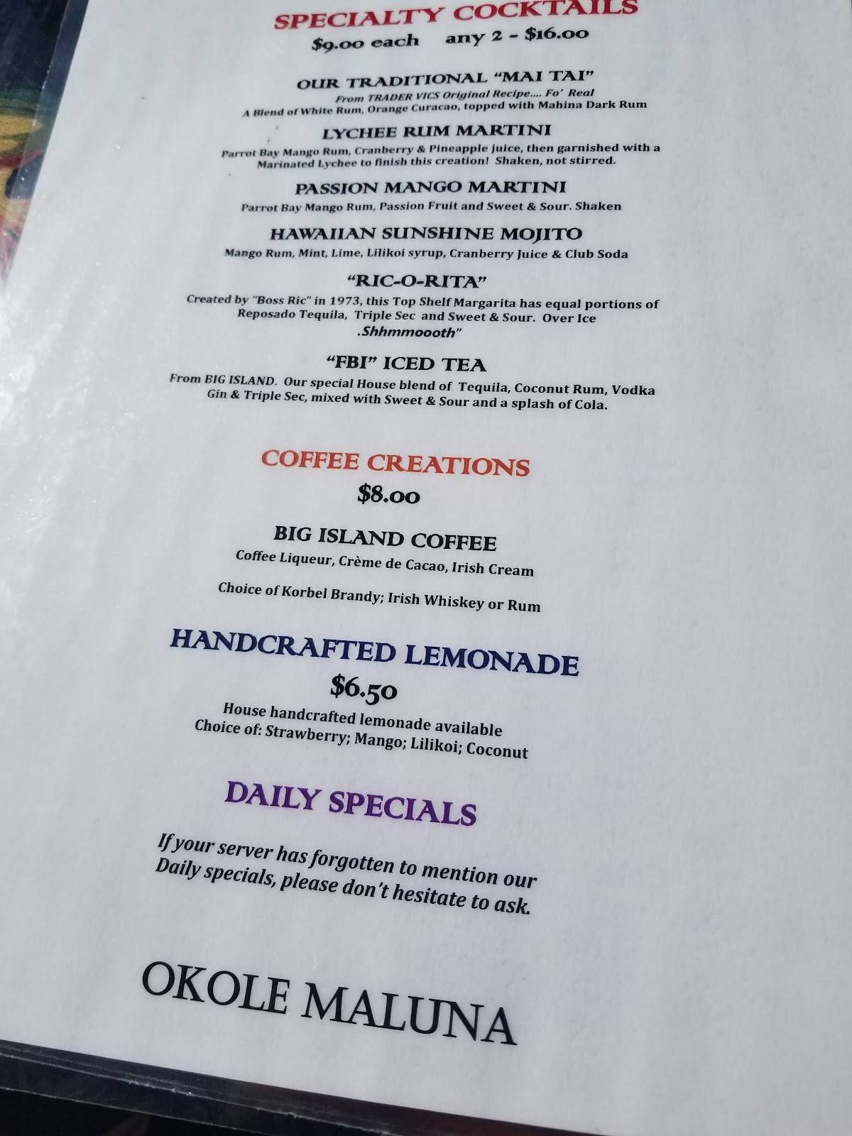 Menu at Ponds Hilo restaurant, Hilo