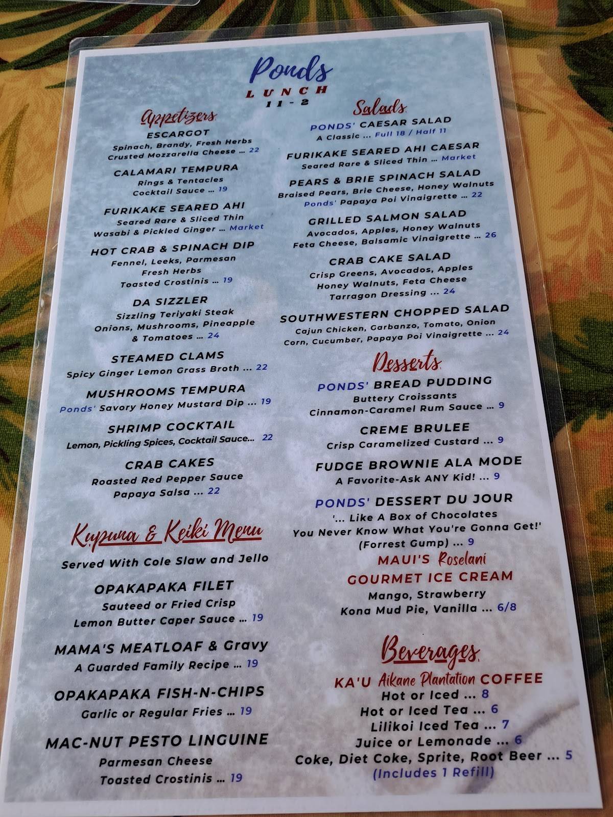 Menu at Ponds Hilo restaurant, Hilo