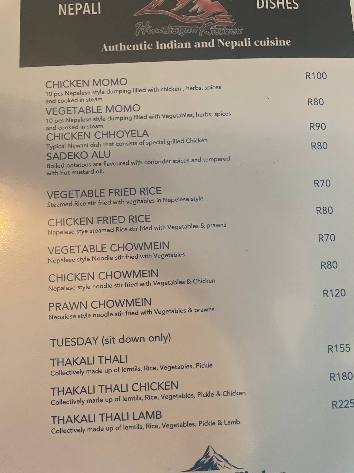 Menu at Himalayan kitchen restaurant, Cape Town