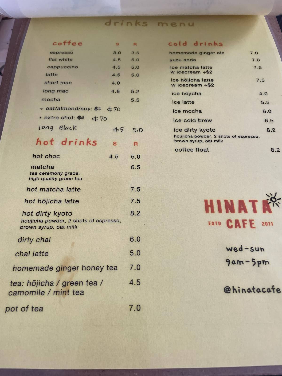 Menu at Hinata Cafe, Fremantle