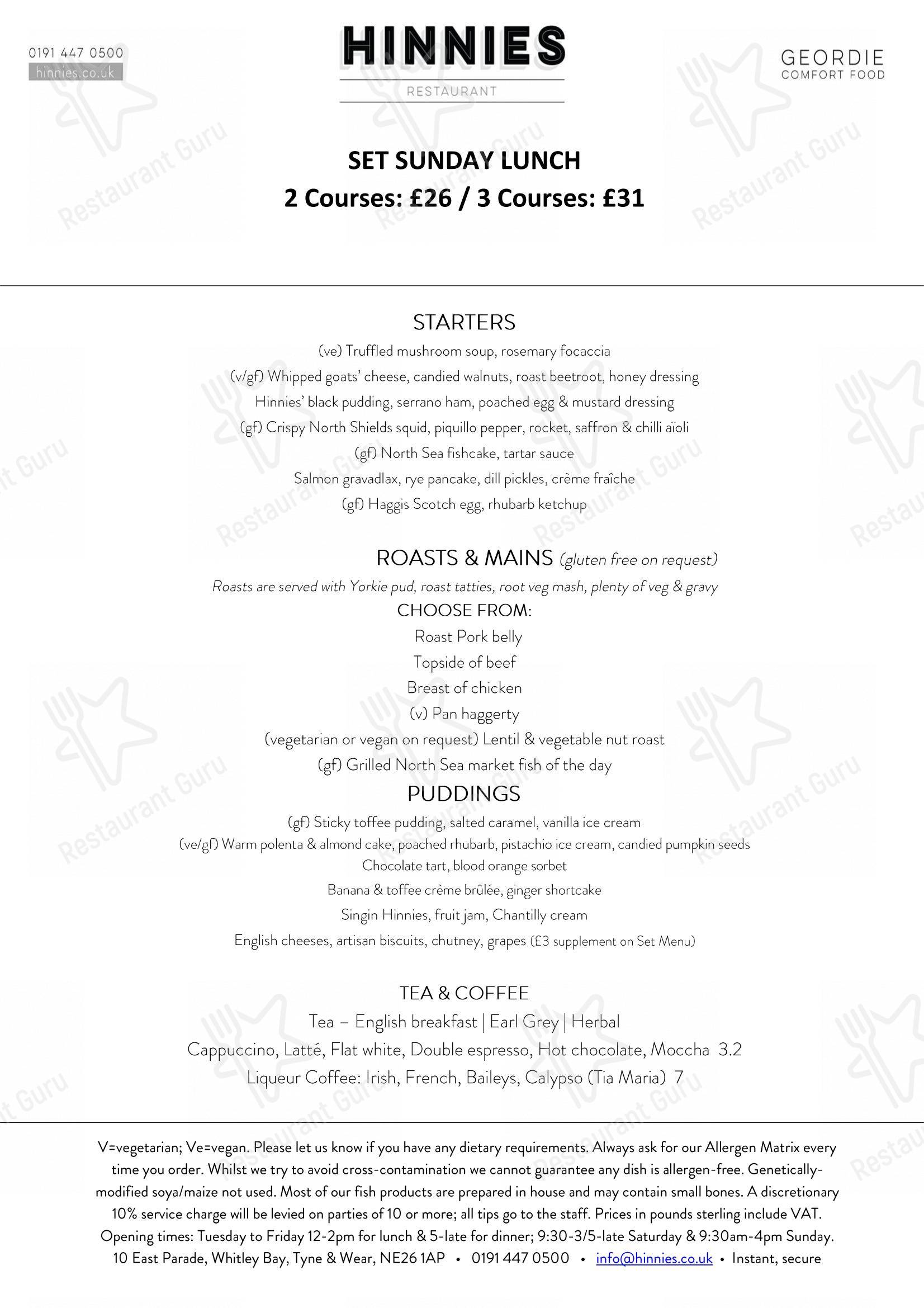 Menu at Hinnies Restaurant, Whitley Bay