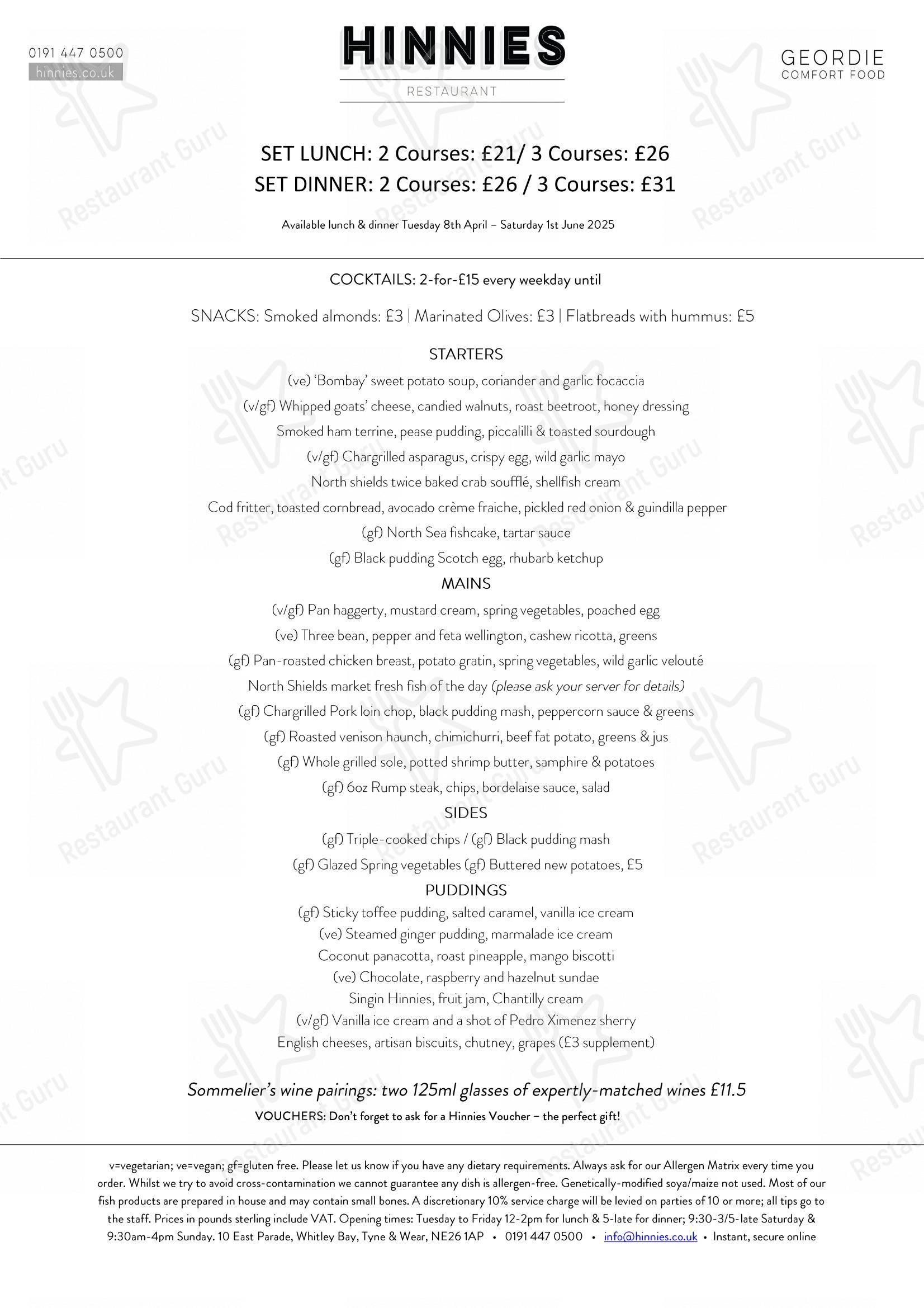 Menu at Hinnies Restaurant, Whitley Bay
