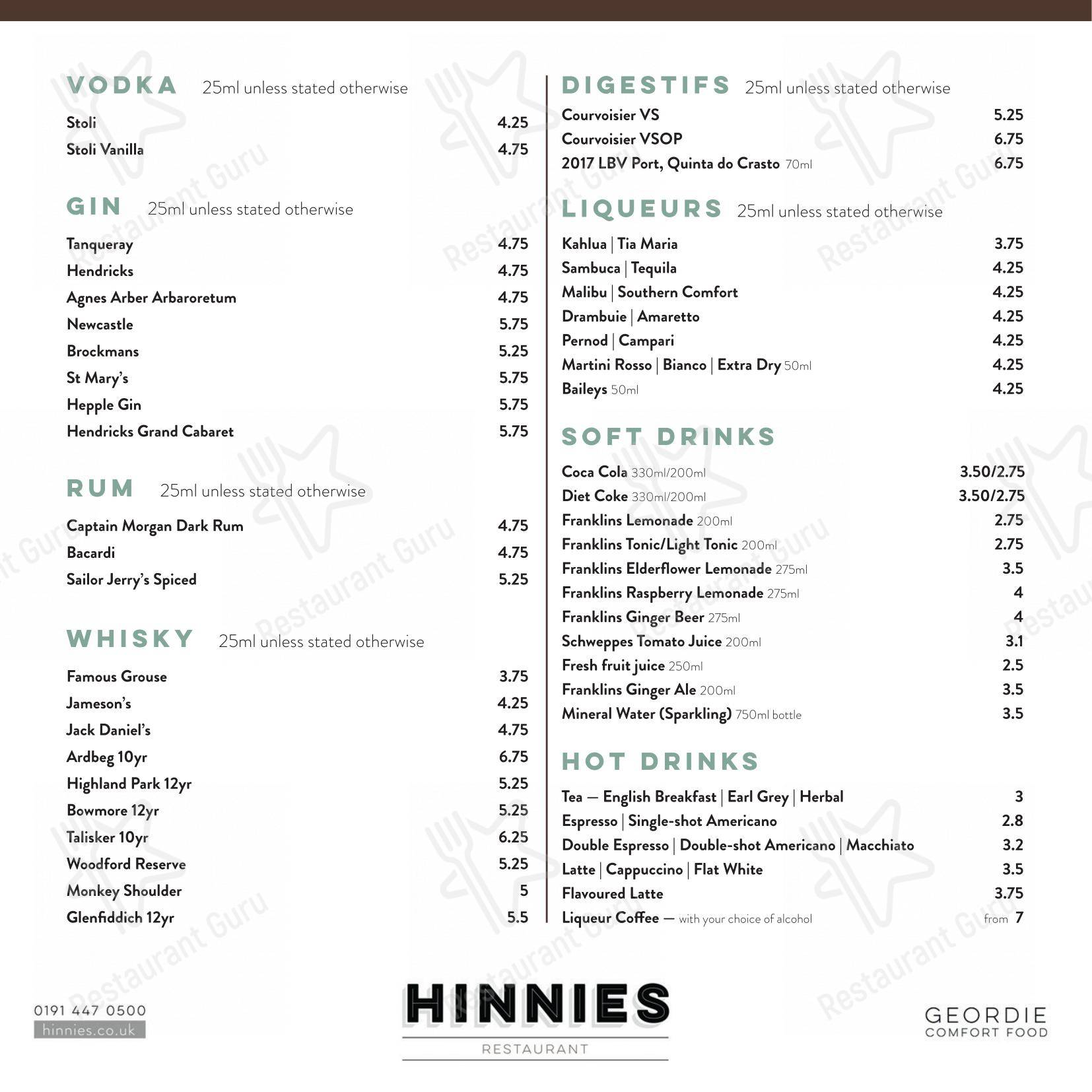 Menu at Hinnies Restaurant, Whitley Bay