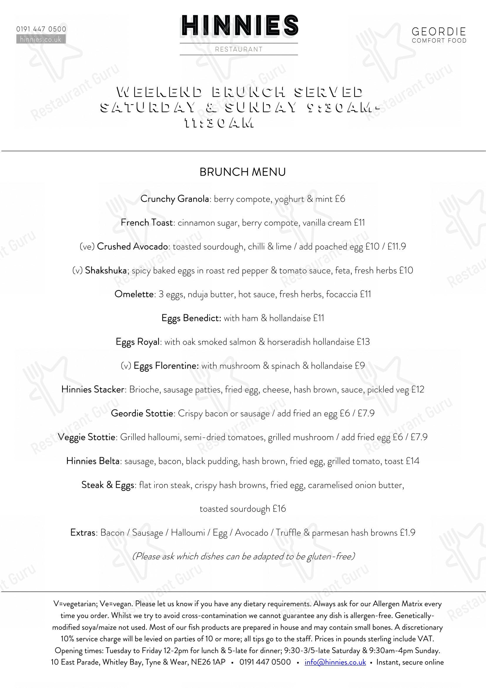 Menu at Hinnies Restaurant, Whitley Bay