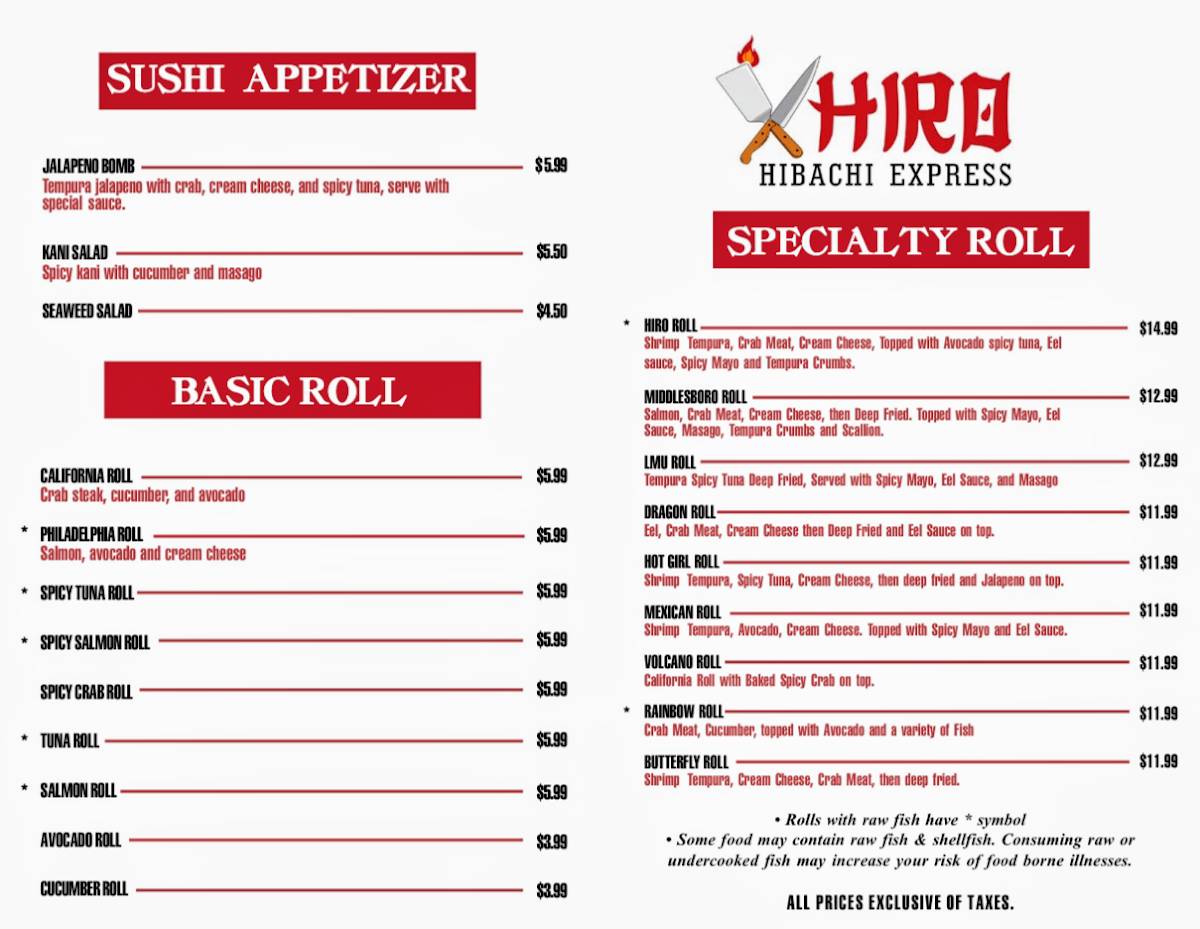 Menu at Hiro Hibachi Express restaurant, Middlesboro