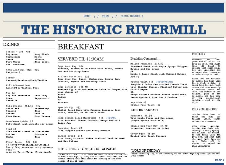 Menu at Historic Rivermill cafe, Mount Nathan, 950 Beaudesert Nerang Rd
