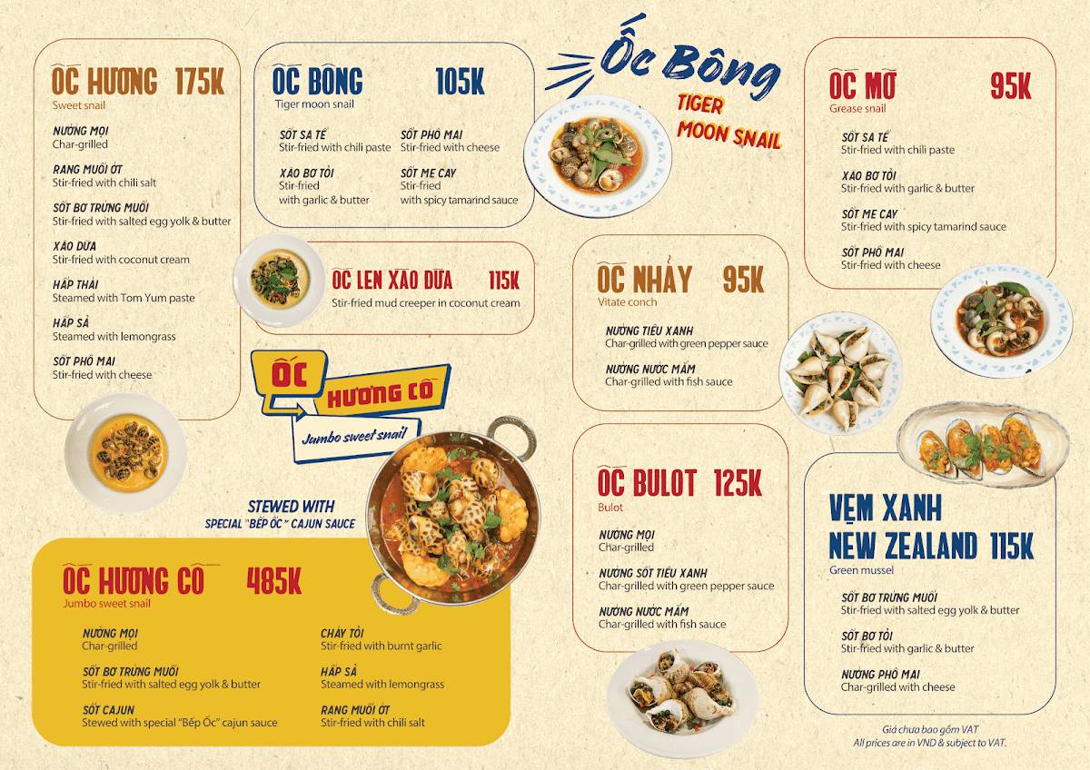 Menu at Bếp Ốc Sài Gòn restaurant, Ho Chi Minh City, 74/7 Hai Bà Trưng