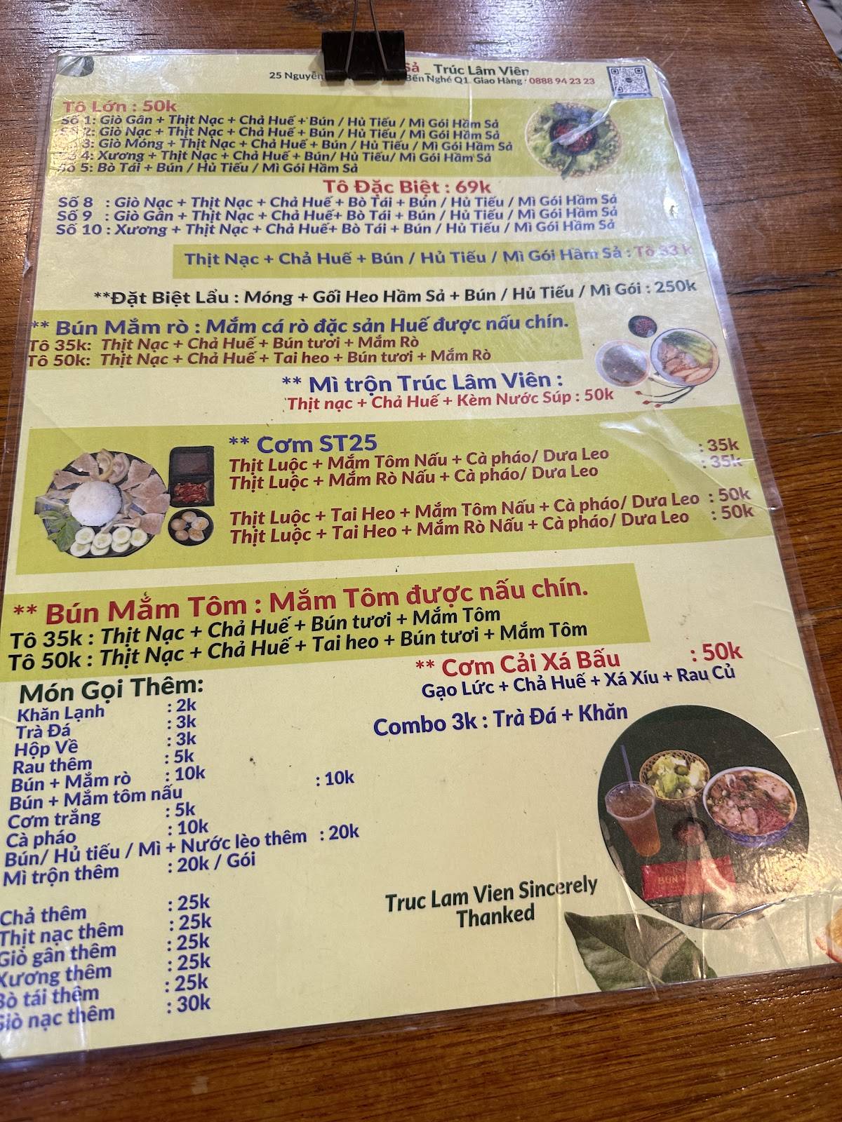 Menu at Bún hầm sả Trúc Lâm Viên cafe, Ho Chi Minh City