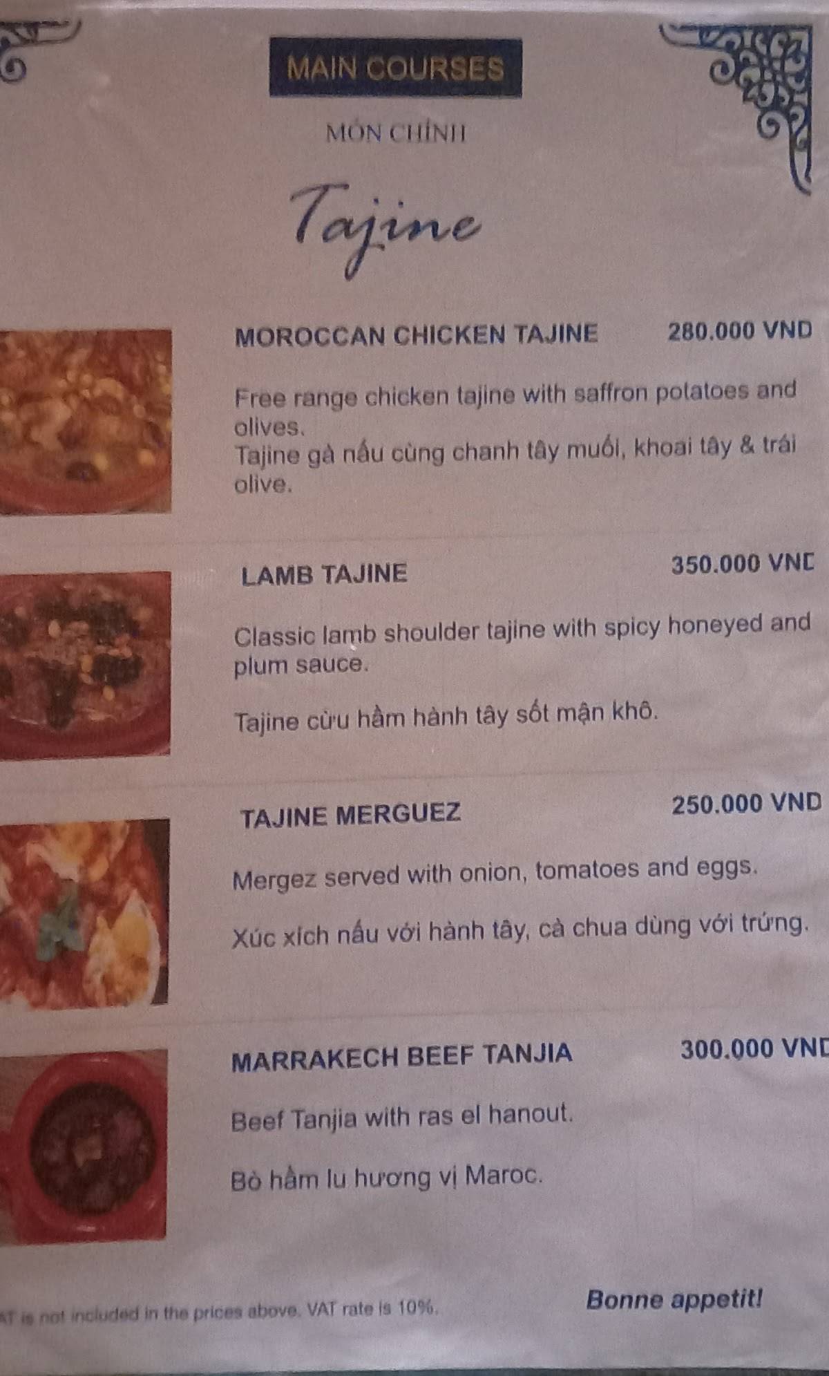 Menu at Marrakech Riad Moroccan Restaurant, Ho Chi Minh City