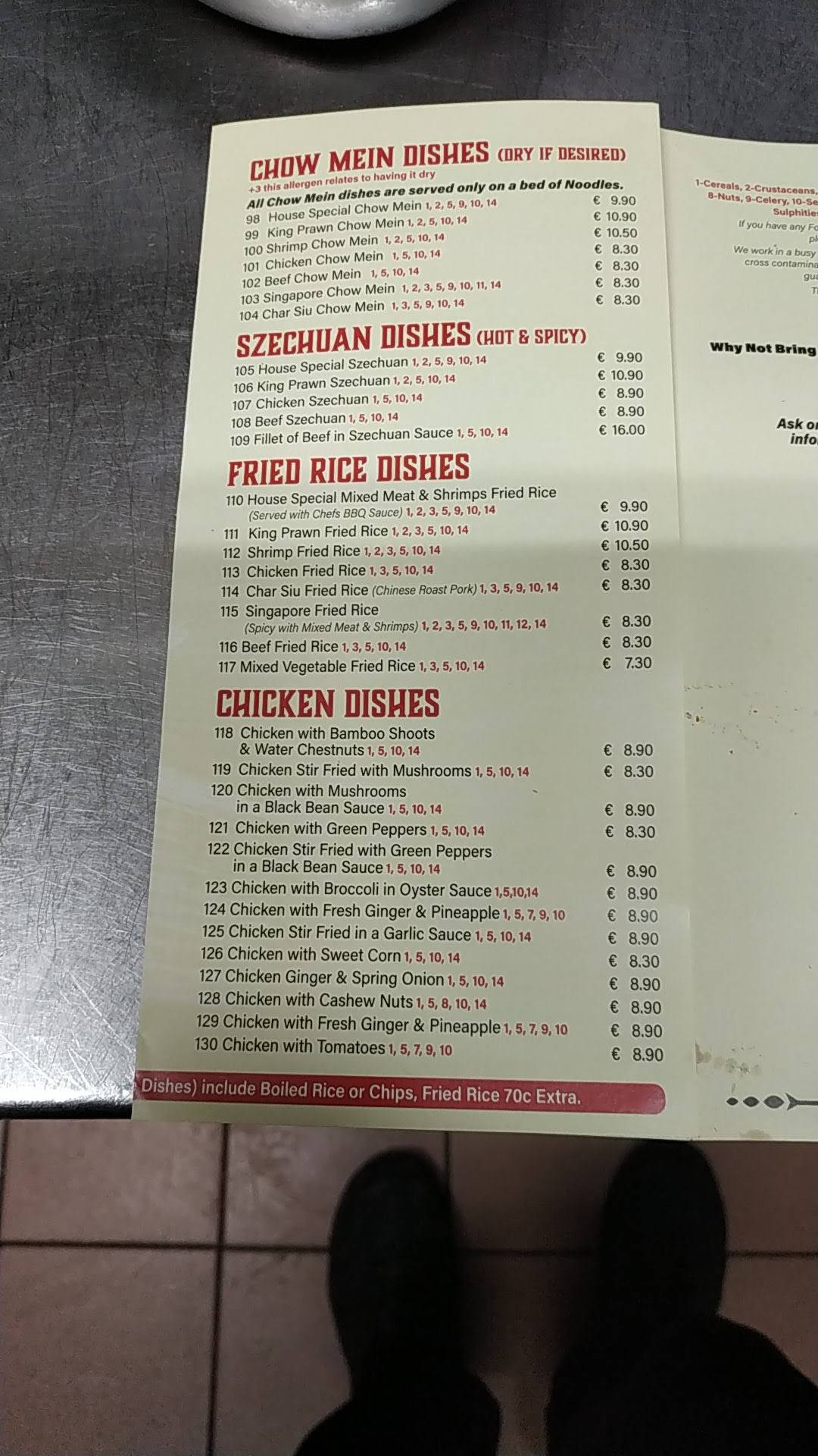 Menu at Ho Kee Chinese Restaurant, Bandon