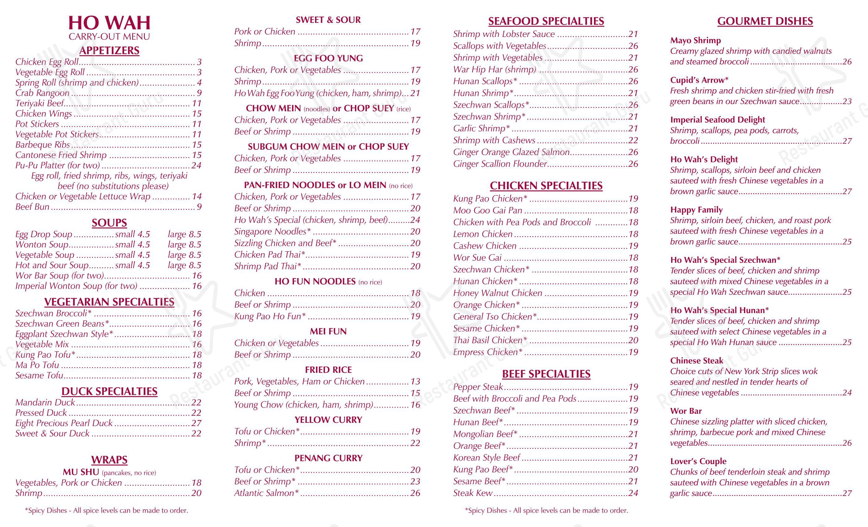 Menu at Ho Wah restaurant, Beachwood