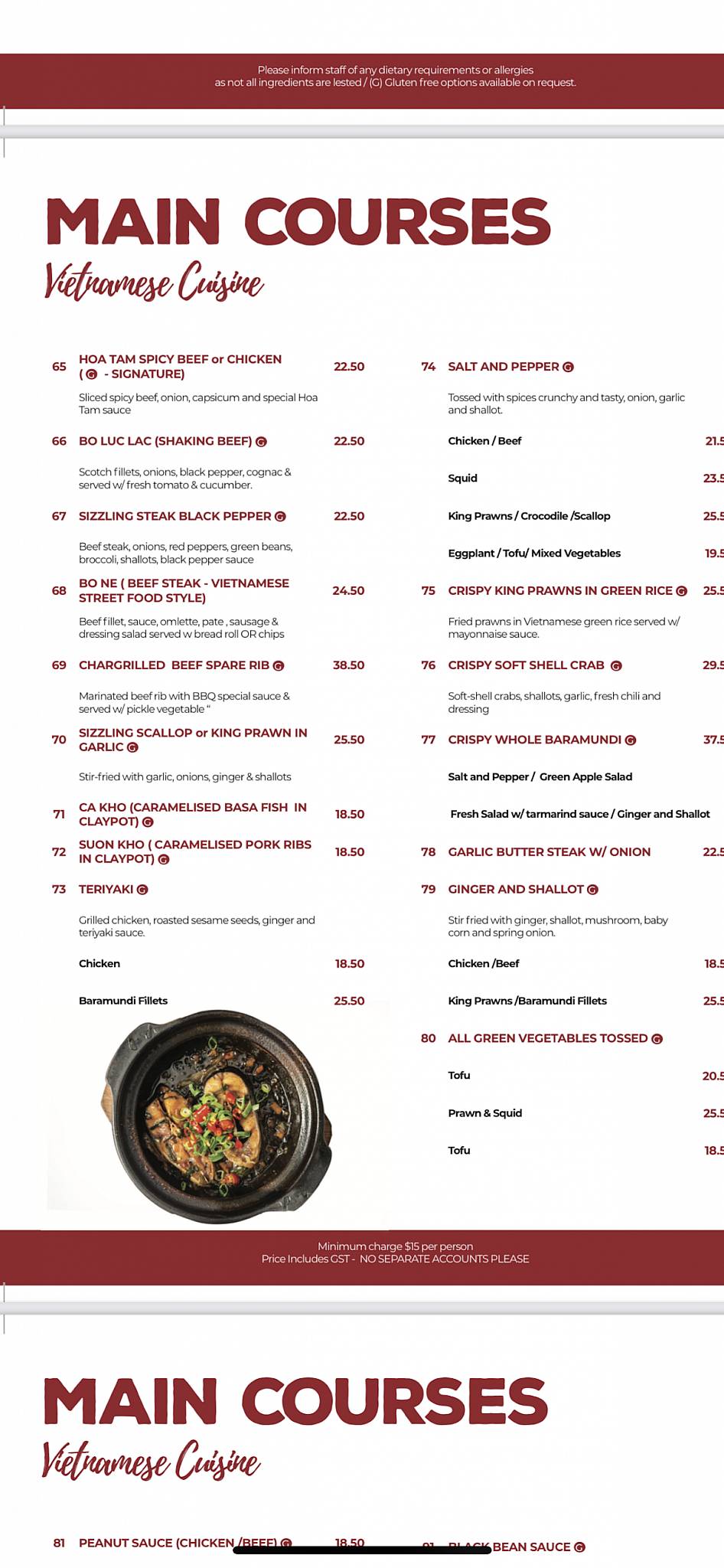 Menu at Hoa Tam restaurant, Gilles Plains