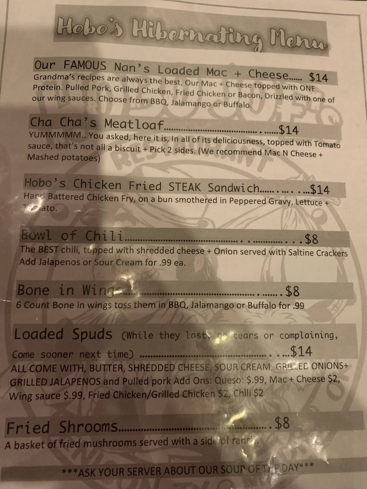 Menu at Hobo Joe's pizzeria, Madill
