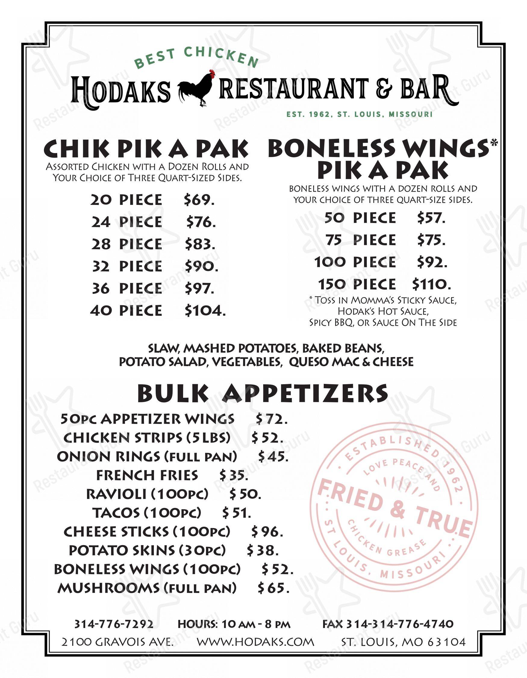 Menu at Hodak's Restaurant & Bar, St. Louis