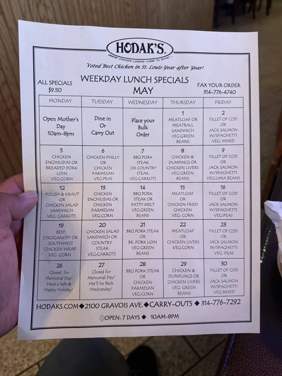 Menu at Hodak's Restaurant & Bar, St. Louis